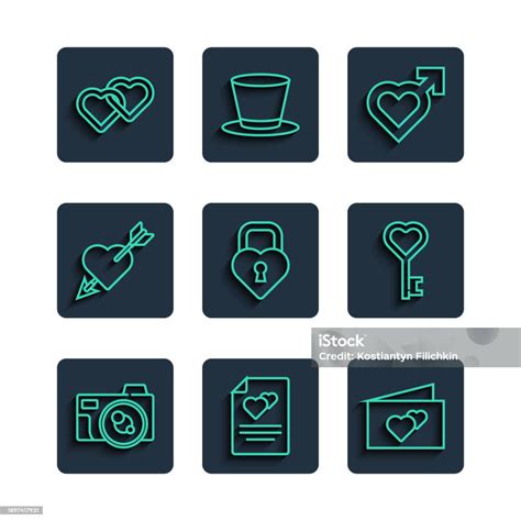 라인 사진 카메라 인사말 카드 남성 성별과 하트 성 하트 아무르와 화살 두 개의 연결된 하트 및 키 아이콘의 모양을 설정합니다 벡터 그림자에 대한 스톡 벡터 아트 및 기타