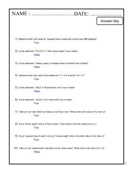 Determine Truth Values Logic Worksheets Easy AND OR If Then