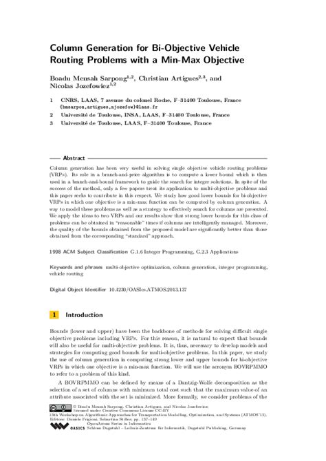 Pdf Column Generation For Bi Objective Vehicle Routing Problems With A Min Max Objective