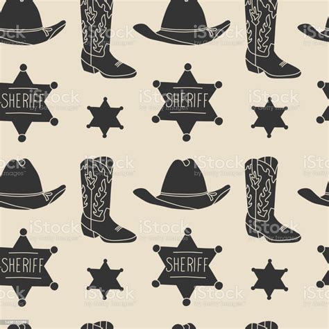 카우보이 아이템이 있는 매끄러운 벡터 패턴 카우보이 모자 카우보이 부츠 글꼴 별 와일드 웨스트 멕시코를 테마로 한 평면 디자인 섬유 표면 장식 개척시대의 서부에 대한 스톡