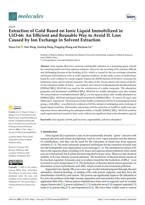 Pdf Extraction Of Gold Based On Ionic Liquid Immobilized In Uio 66 An Efficient And Reusable
