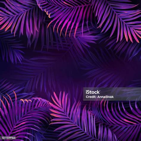 네온 바이올렛 트로피컬 파티 디자인 팜 정글 은 니그 클럽 전단지 여름 활기찬 밤 이국적인 벡터 일러스트 레이션 보라색 밝은 빛
