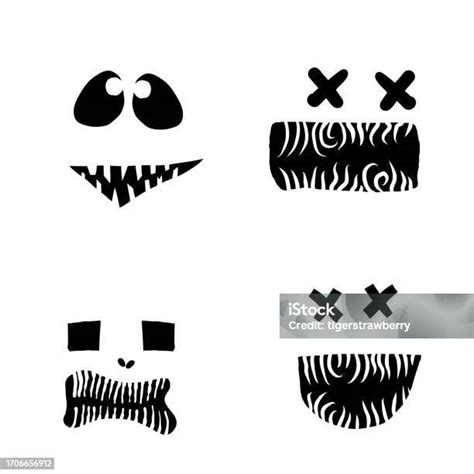 할로윈 괴물 캐릭터 실루엣 조각과 잘라낸 창조 할로윈은 감정 수집 모양 눈 코 입 치아 송곳니 감정 소름 끼치고 으스스한 얼굴에 직면합니다 벡터 가공의 인물에 대한 스톡