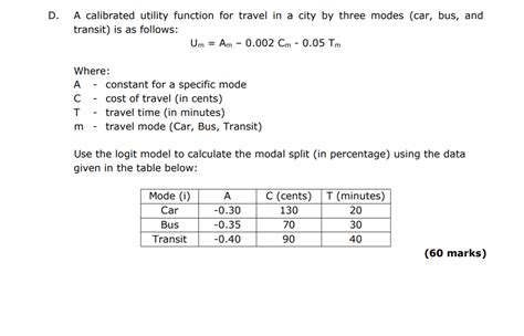 solved d a calibrated utility function for travel in a city