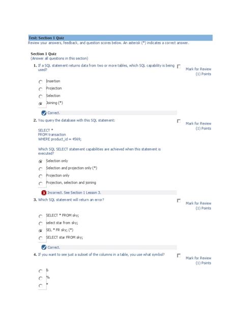 Test Section 1 Quiz Pdf Sql Relational Database