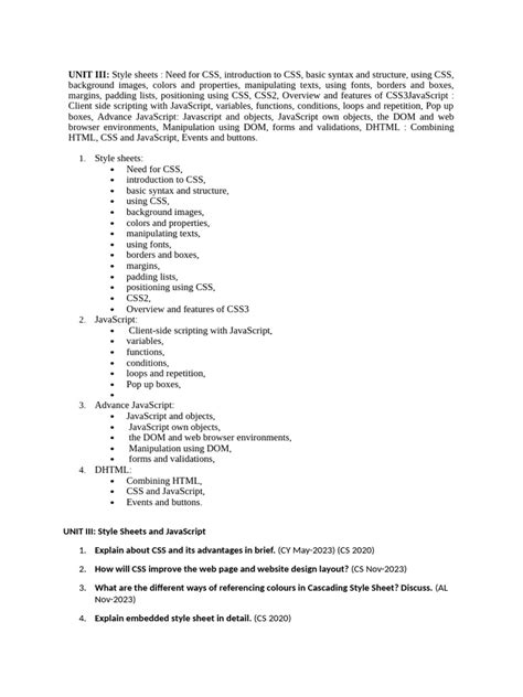 unit 3 style sheets pdf dynamic html document object model