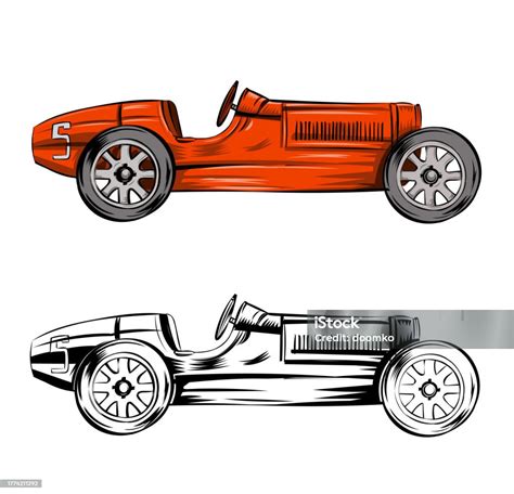 빨간 빈티지 레이싱 카 디자인은 흰색 배경에 고립되어 있습니다 벡터 일러스트 레이 션 개인 운전사에 대한 스톡 벡터 아트 및 기타 이미지 개인 운전사 경쟁 교통수단