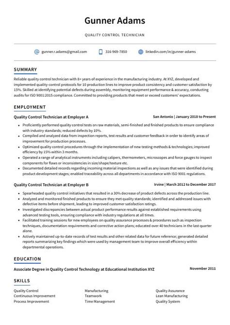 Quality Control Technician Resume Cv Example And Writing Guide