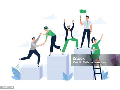 팀 사람들과 함께 하는 커리어 사다리 사무실 작업자 홀드 플래그 그룹 리더 및 팀 건물 플랫 벡터 그림 팀 빌딩에 대한 스톡 벡터 아트 및 기타 이미지 Istock