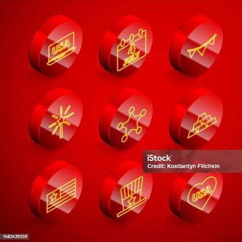 노트북에 라인 Usa 7월 4일 날짜가 있는 달력 카니발 화환 깃발 불꽃놀이 육각형 보안관 금괴 미국 및 애국 모자 아이콘 벡터 3차원 형태에 대한 스톡 벡터 아트 및 기타