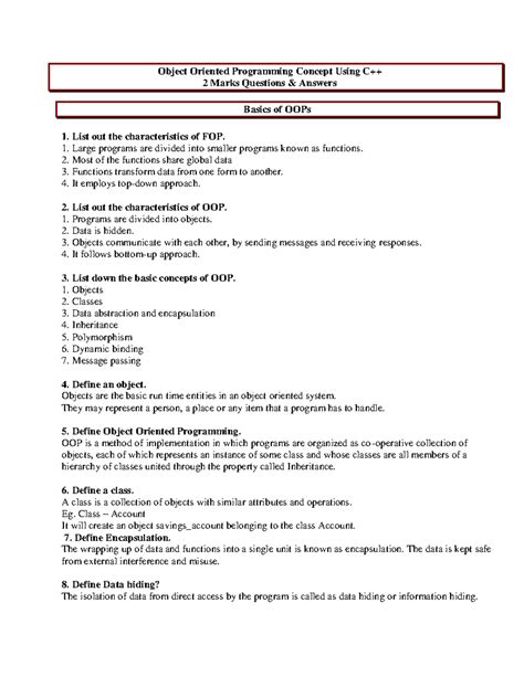 Cs Question Bank Cs Question Bank Cpp Object Oriented Programming Concept Using C 2 Marks