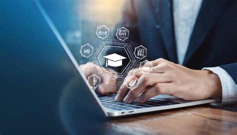 Human Hands Typing On Laptop Keyboard With Education Icons Overlapping Stock Illustration