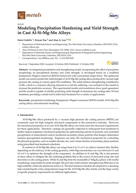 Modeling Precipitation Hardening And Yield Strength In Cast Al Si Mg Mn