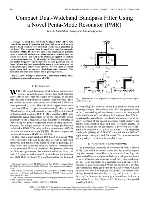 Pdf Compact Dual Wideband Bandpass Filter Using A Novel Penta Mode
