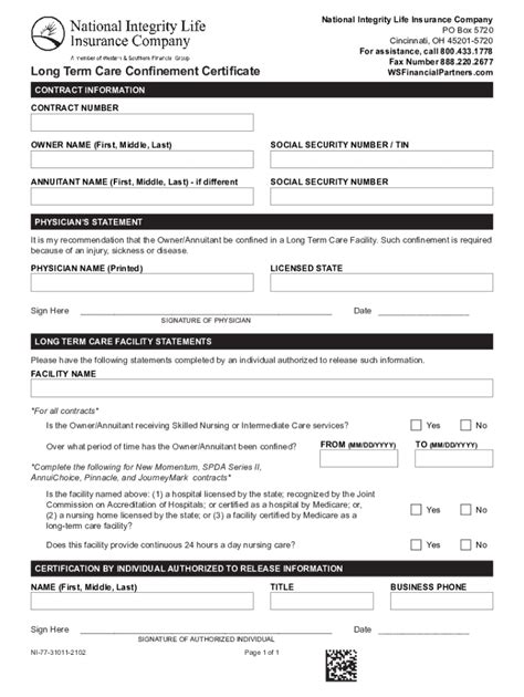 Fillable Online Long Term Care Confinement Certificate Ni 77 31011