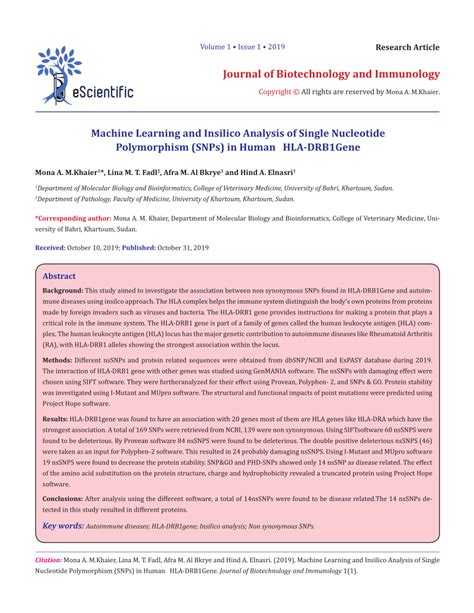 Pdf Machine Learning And Insilico Analysis Of Single Nucleotide Polymorphism Snps In Human