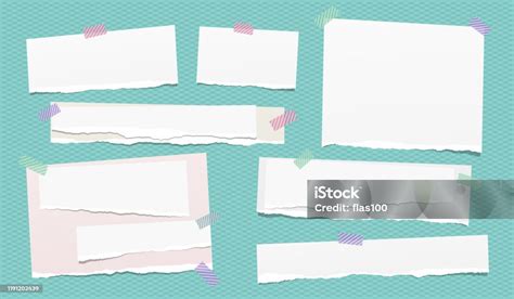 흰색 찢어진 노트북 종이 세트 찢어진 노트 종이 스트립 사각형 청록색 배경에 다채로운 스티커 테이프붙어 벡터 일러스트레이션 0명에 대한 스톡 벡터 아트 및 기타 이미지