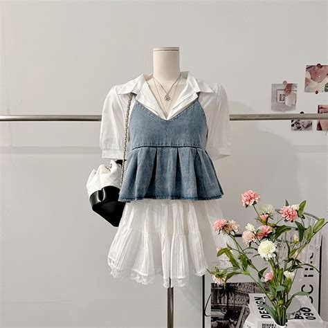 이프유마인 셔츠뷔스티에set페미닌 여름 플레 셔링 프릴 데님 청 튜브탑 브이넥 크롭 뷔스티에 나시 오버핏 슬림핏 카라