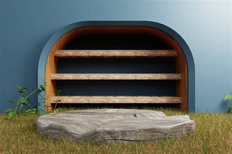 자연석과 콘크리트 연단은 제품 프레젠테이션을 포장하기 위한 빈 쇼를 위한 자연 배경에 있습니다 제품의 배경 녹색 나뭇잎이 있는