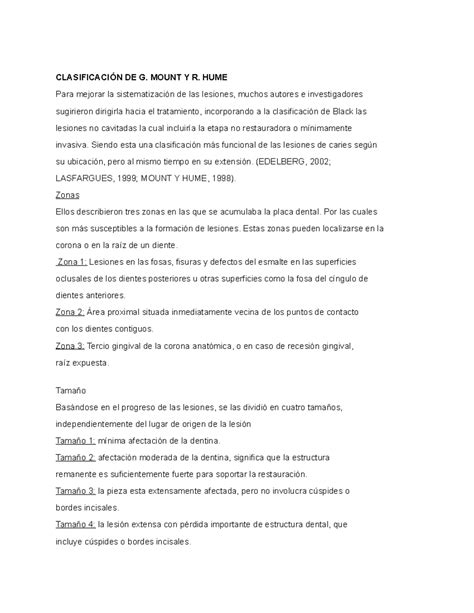 Clasificación De Lesiones Dentales Según Mount Y Hume Studocu