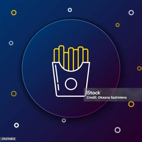 흰색과 노란색 선 감자 감자 튀김 판지 포장 상자 아이콘 진한 파란색 배경에 고립되어 있습니다 패스트 푸드 메뉴 다채로운 윤곽선 개념 벡터 일러스트 감자 요리에 대한 스톡