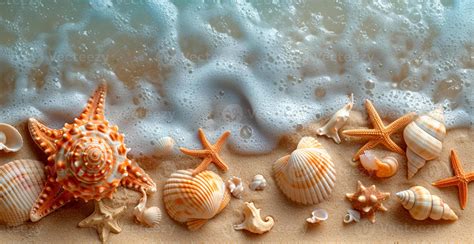AI Generated Sea Ocean Landscape Many Different Shells Starfish And Ocean Inhabitants AI