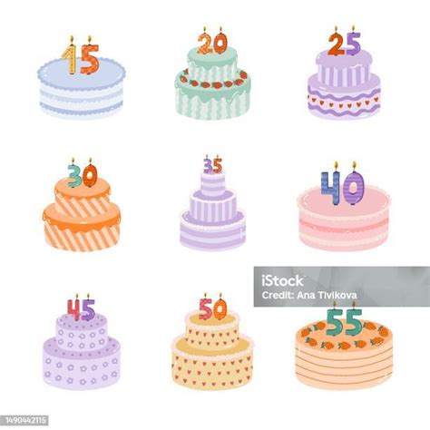 숫자의 형태로 불타는 촛불이 있는 생일 케이크 세트 매년 출생 기념일을 축하하는 디저트 스칸디나비아 스타일의 휴일 컵케이크의 양식화된 손으로 그린 클립아트 케이크에 대한