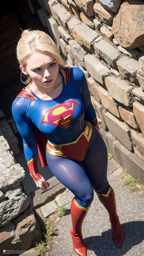 Down View Ela Tem Cabelos Loiros Supergirl Is In A