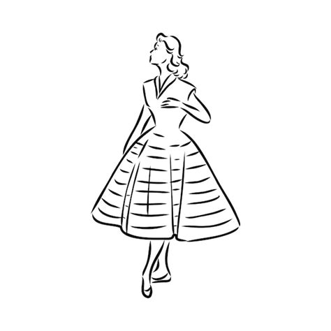스케치 스타일 손으로 그린 벡터 일러스트 레이 션의 흑백 복고풍 패션 모델 프리미엄 벡터