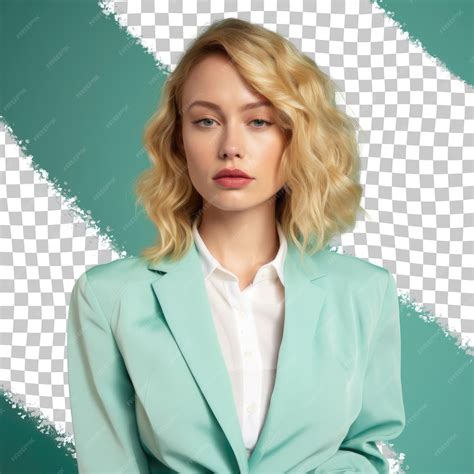 Premium Psd Blonde Mongolic Producer Loving Adult Sideways Glance Mint Background