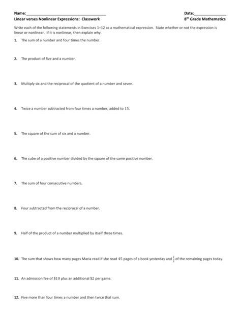 Linear Vs Nonlinear Expressions 8th Grade Math Worksheet