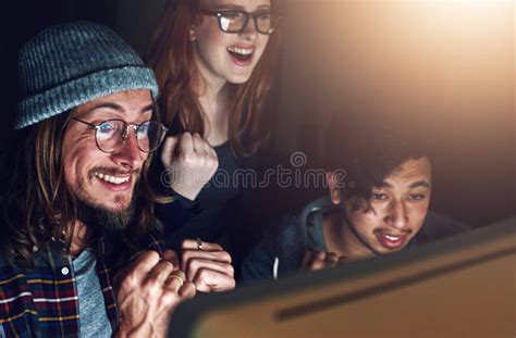 computer cheers and night people celebrate programming erp software