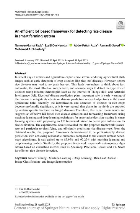 An Efficient IoT Based Framework For Detecting Rice Disease In Smart Farming System Request PDF