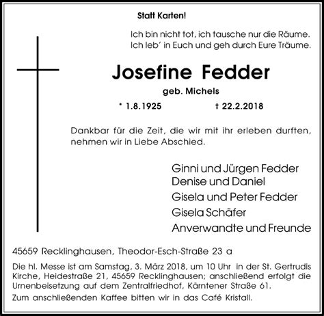 Traueranzeigen Von Josefine Fedder Trauer In Nrwde