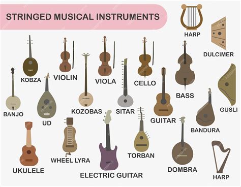Premium Vector A Set Of String Musical Instrument Colored Set Of String Instruments With The Name