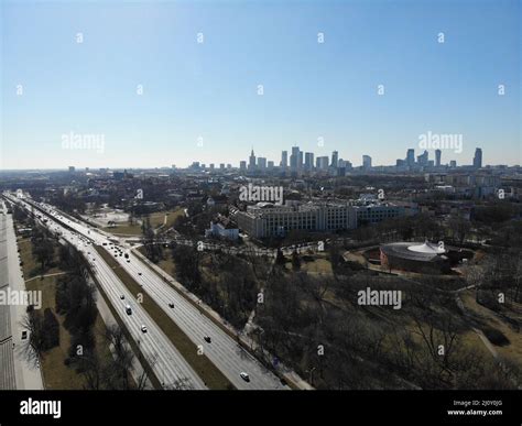 Aerial View Of Roads Next To The Wisla River In Warsaw Poland Stock