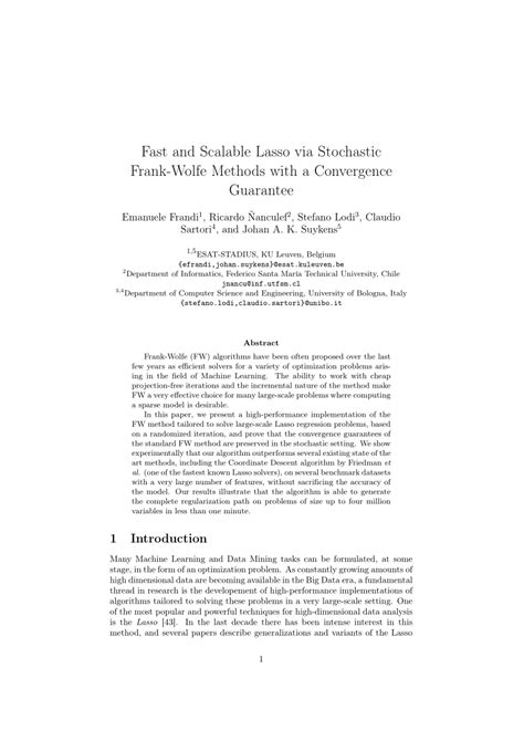 Pdf Fast And Scalable Lasso Via Stochastic Frank Wolfe Methods With A