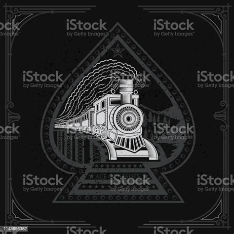 다리와 야생 풍경에 연기와 얼굴 오래 된 기관차의 검은 실루엣 스페이드의 에이스 조각 그림 칠판 고풍스런에 대한 스톡 벡터 아트