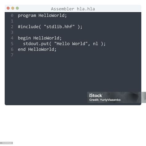 Assembler Hla Language Hello World Program Sample In Editor Window Illustration Stock ...
