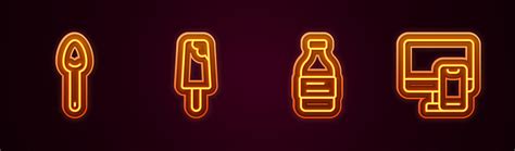 세트 라인 숟가락 아이스크림 생수 및 온라인 주문 음식 빛나는 네온 아이콘입니다 벡터 0명에 대한 스톡 벡터 아트 및 기타