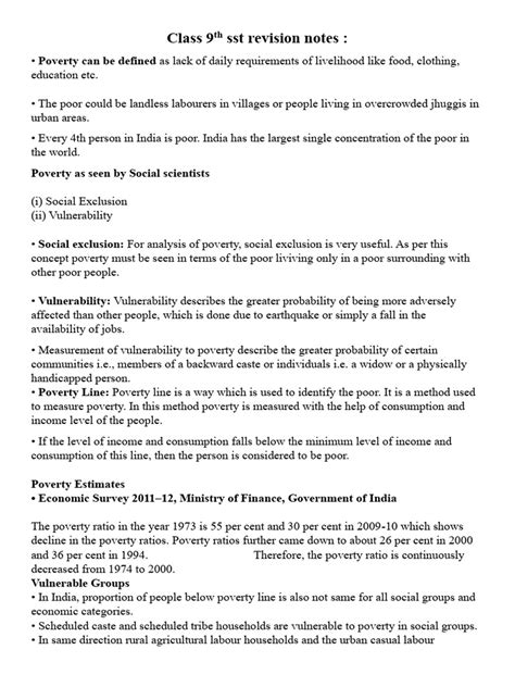 Class 9th Sst Revision Notes Pdf Poverty Poverty And Homelessness