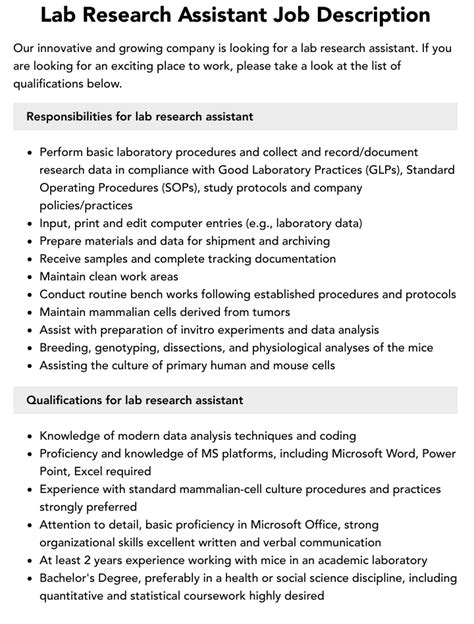 Lab Research Assistant Job Description Velvet Jobs