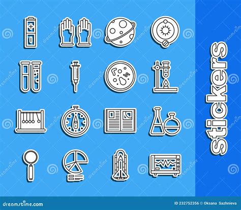 Set Line Computer Monitor With Cardiogram Test Tube And Flask Chemical Laboratory Glass Test