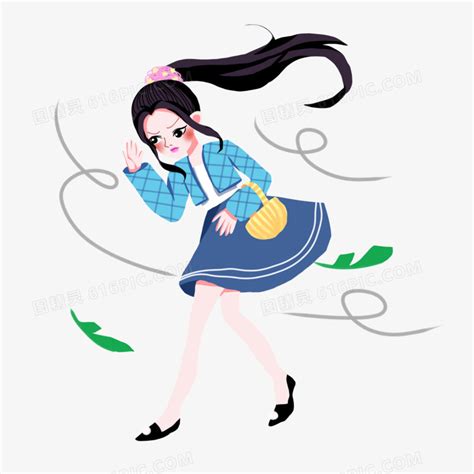 手绘女孩刮大风在风中前行素材图片免费下载 PNG素材 编号192im5xyg 图精灵
