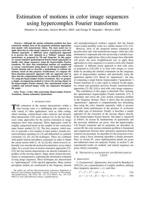 Pdf Estimation Of Motions In Color Image Sequences Using Hypercomplex