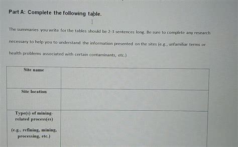 Solved Part A Complete The Following Table I The Summaries