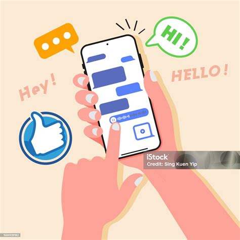 스마트폰을 위한 전화와 메시지 버블 채팅을 손에 들고 스마트폰 화면에 다채로운 말풍선 상자가 있습니다 모바일 메시징 응용