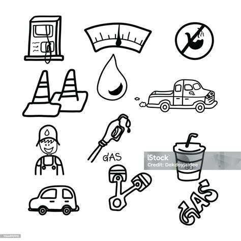 만화 낙서 드로잉 설정 기름 주유소 자동차 에너지 석유 탱크 커피 컵 그리기에 대한 스톡 벡터 아트 및 기타 이미지 그리기 연료 펌프 가득 찬 Istock