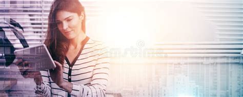 Tablet City Overlay And Business Woman In Office With Research For Stock Market Information