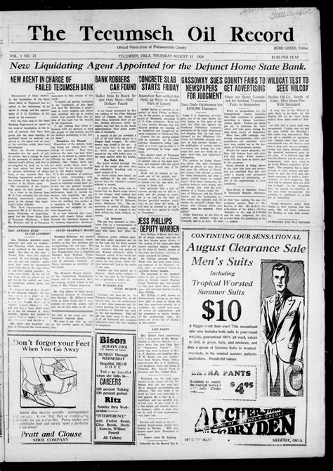 Tecumseh Oil Record Tecumseh Okla Vol 1 No 31 Ed 1 Thursday